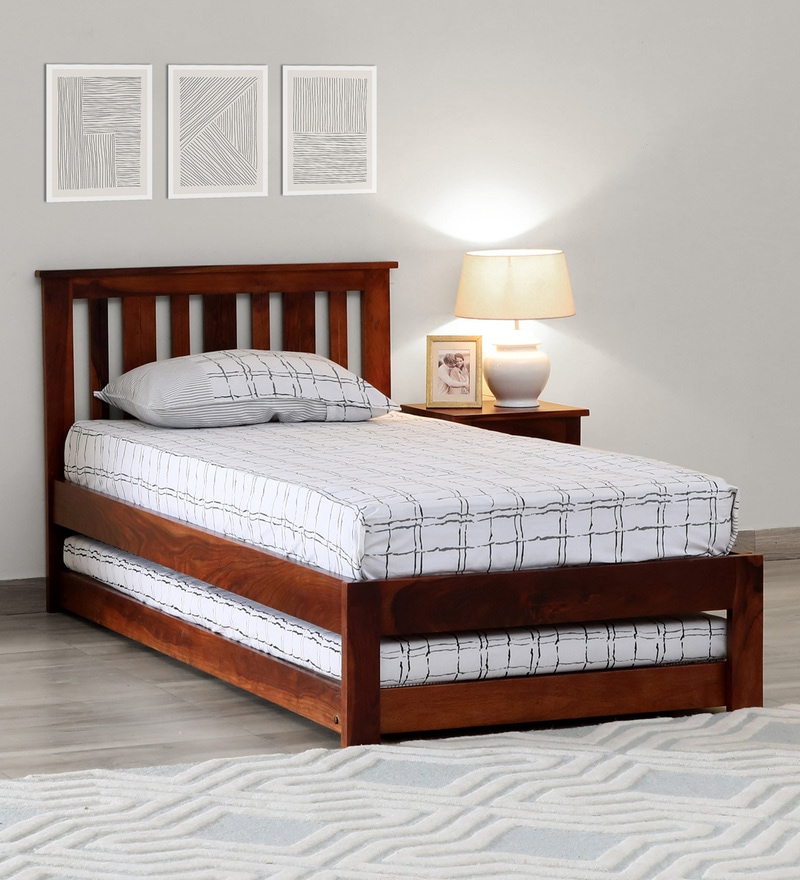 Freya Solid Wood Single Bed with Trundle in Honey Oak Finish – Crafted ...
