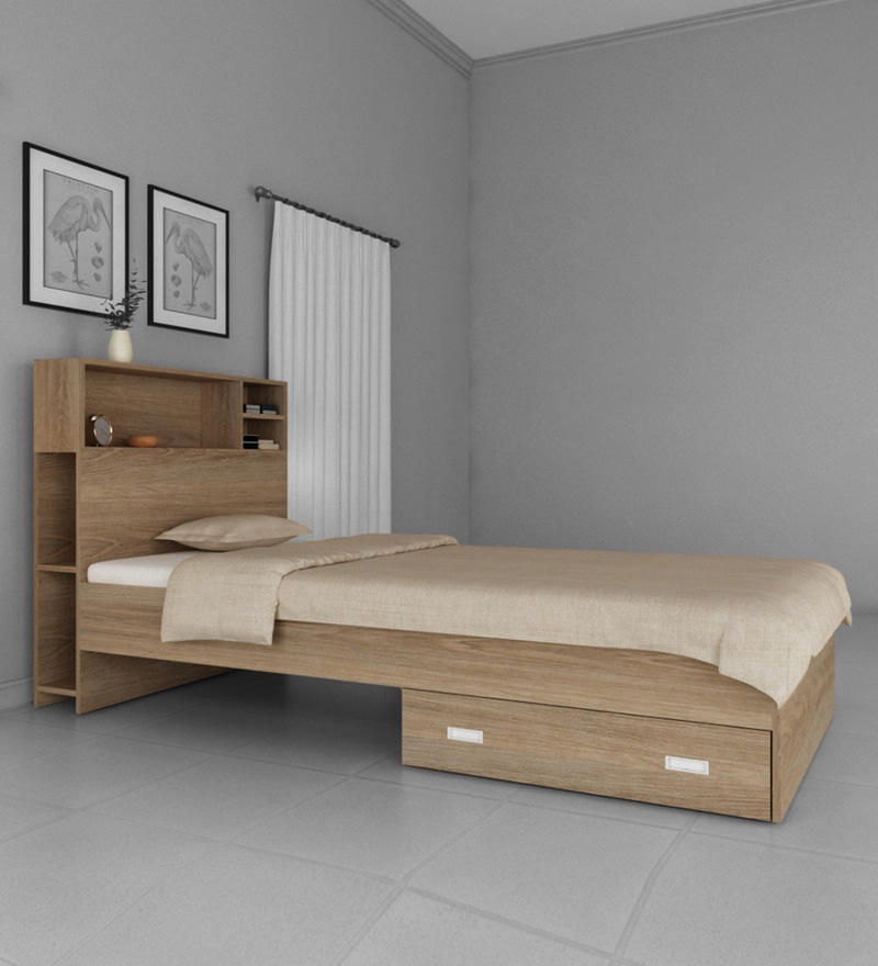 Soltera Single Bed With Headboard Storage & Drawer in Oak Finish ...